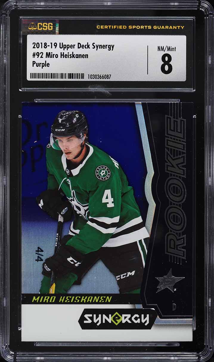 2018 Upper Deck Synergy Purple Miro Heiskanen ROOKIE 4/4 #92 CSG 8 NM-MT on Fanatics Collect
