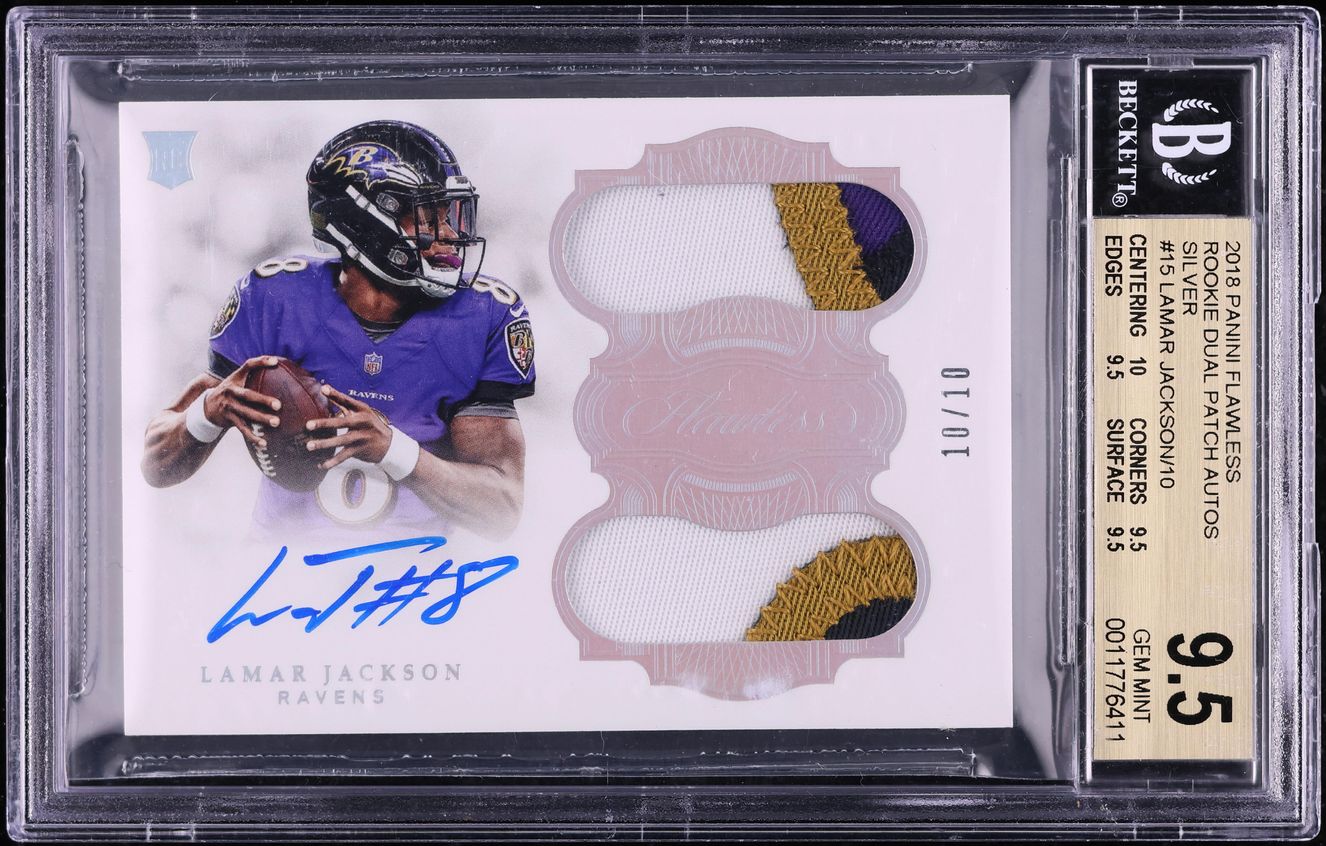 2018 Panini Flawless Dual Silver Lamar Jackson ROOKIE PATCH AUTO 10/10 ...