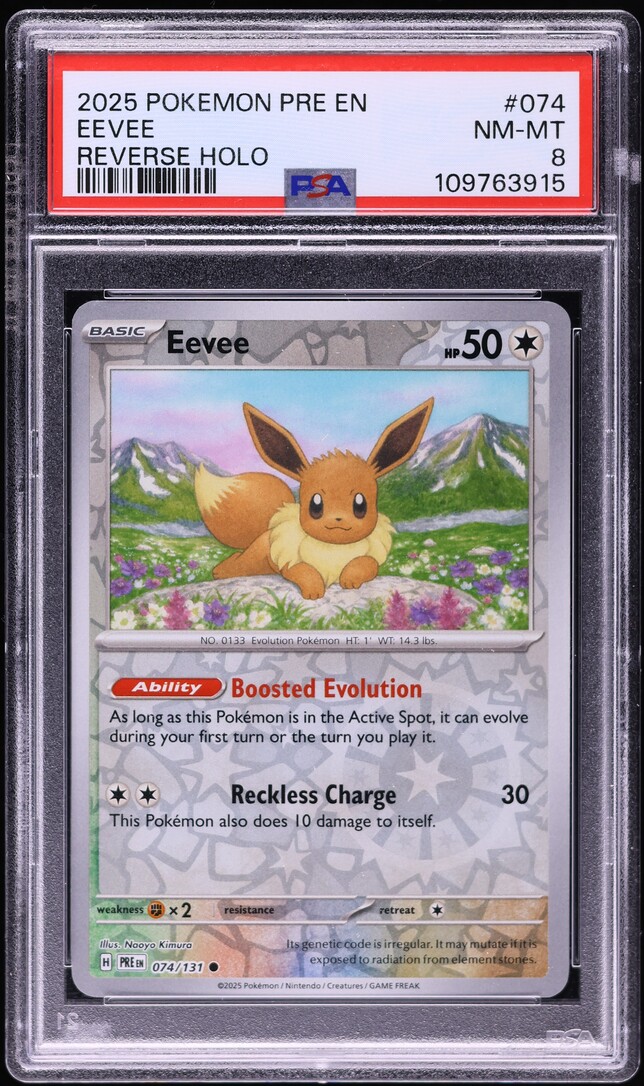 2025 Pokemon SV Prismatic Evolutions Reverse Holo Eevee #74 PSA 8 NM-MT ...