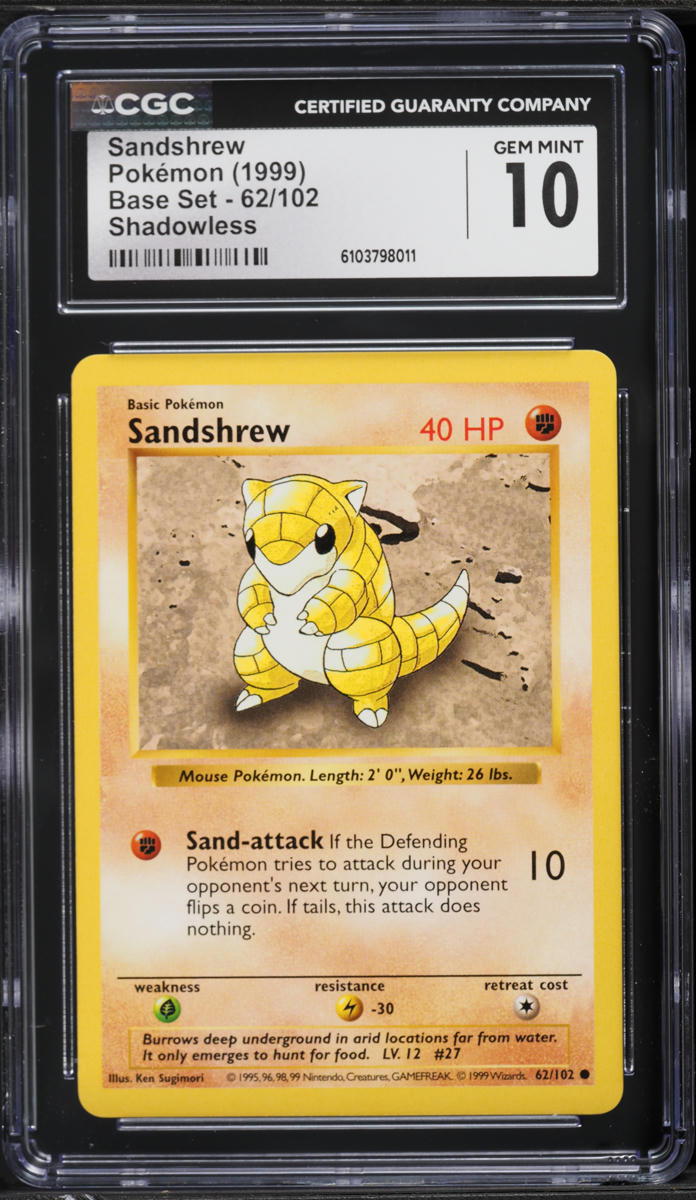 1999 Pokemon Base Set Shadowless Sandshrew #62 CGC 10 GEM MINT on ...