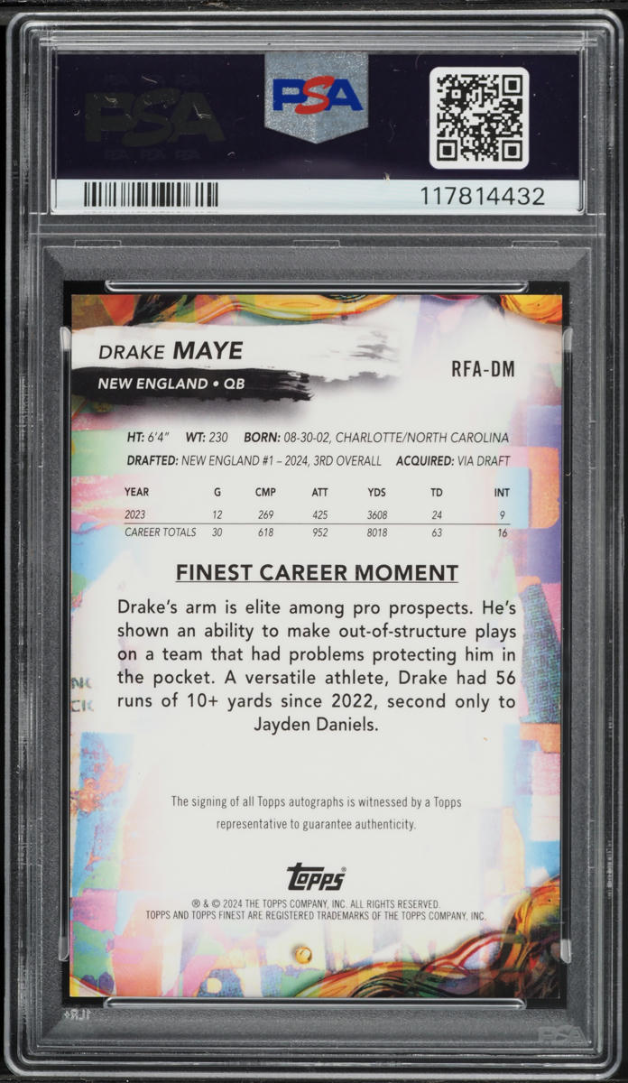 2024 Finest Drake Maye ROOKIE AUTO DNA 10 #RFA-DM PSA 9 MINT on ...