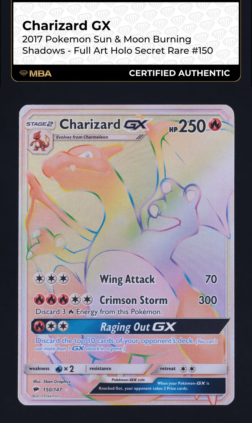 2017 Pokemon Sun & Moon Burning Shadows Hyper Rare Charizard GX #150 MBA AUTH on Fanatics Collect