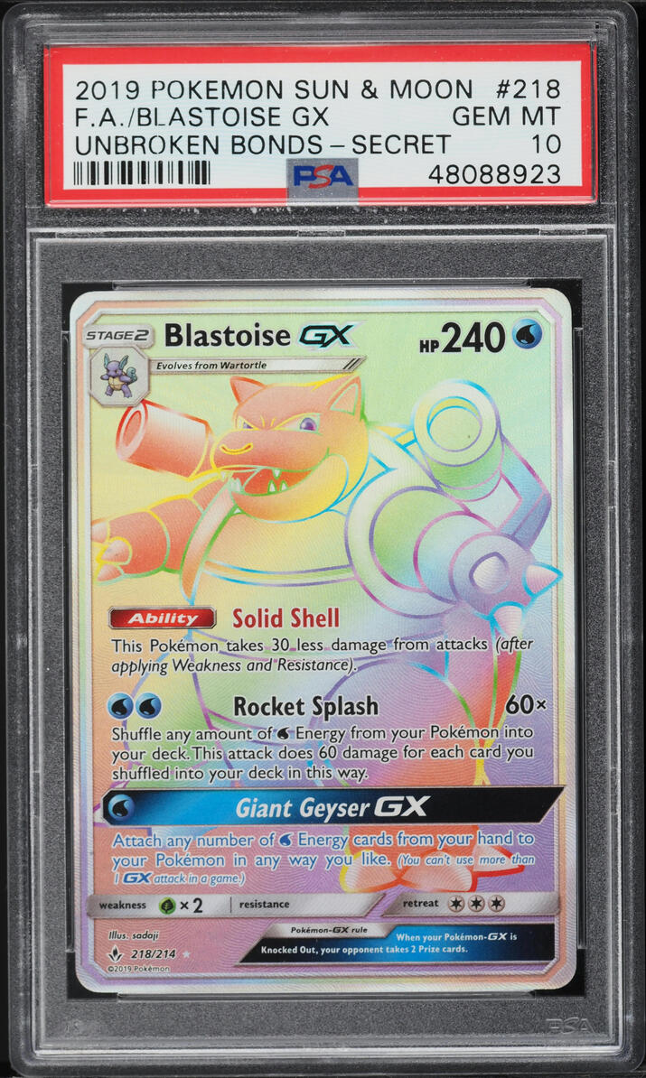 2019 Pokemon SM Unbroken Bonds Hyper Rare Blastoise GX #218 PSA 10 GEM MINT on Fanatics Collect