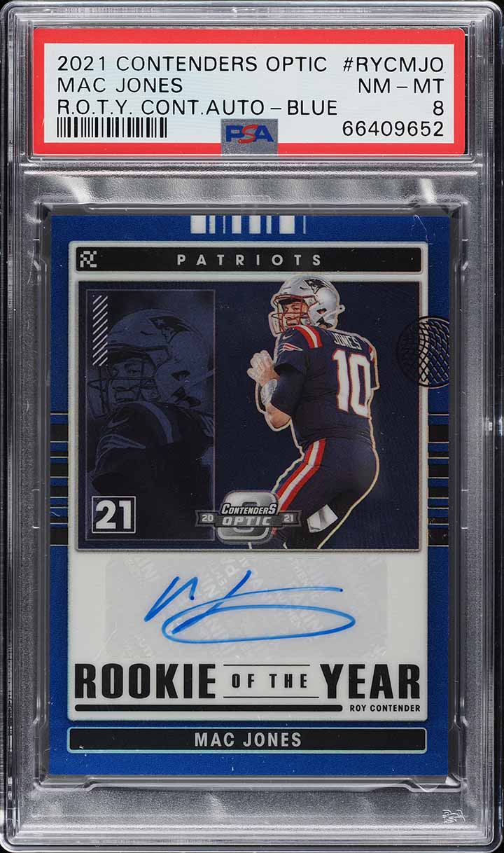 2021 Panini Contenders Optic ROTY Blue Mac Jones ROOKIE AUTO /30 PSA 8 ...