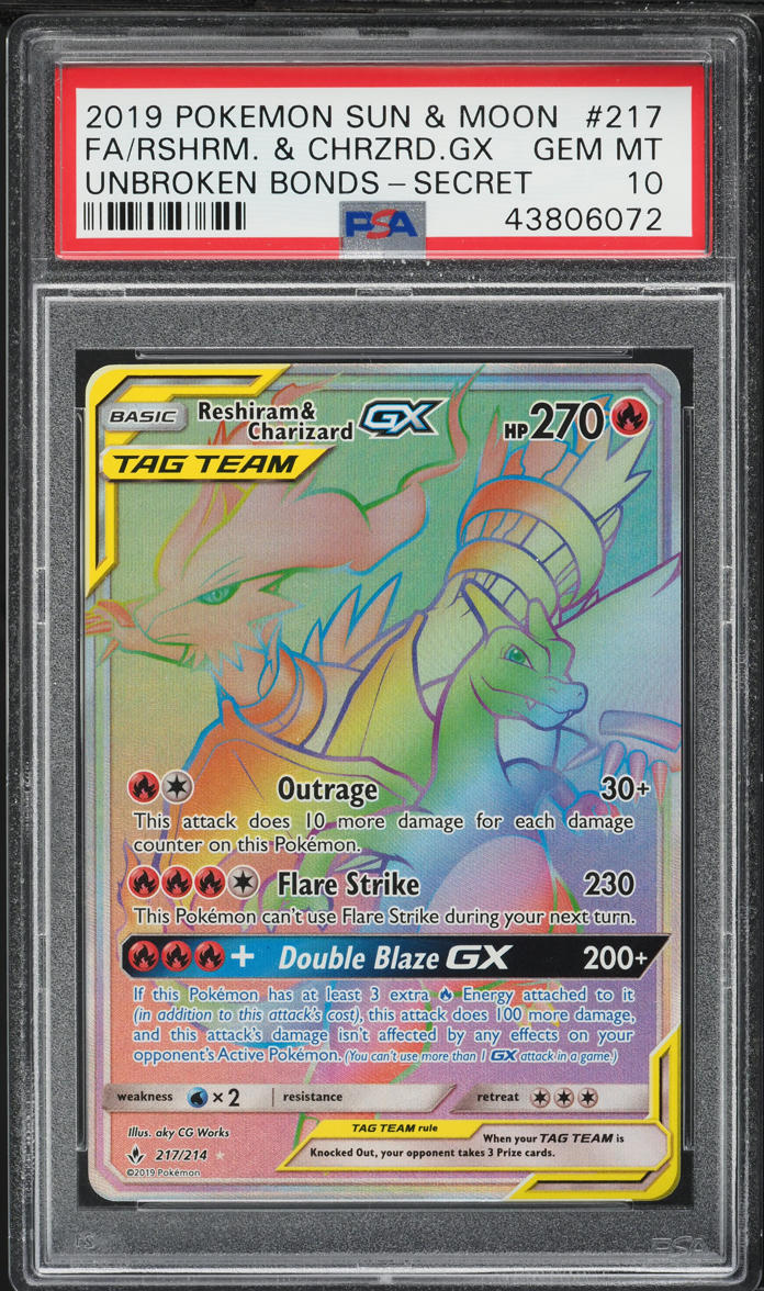 2019 Pokemon SM Unbroken Bonds Hyper Rare Reshiram & Charizard GX #217 PSA 10 on Fanatics Collect
