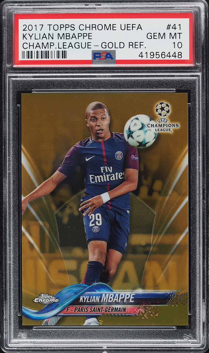 2017 Topps Chrome UEFA Gold Refractor Kylian Mbappe ROOKIE JSY # 10/50 PSA 10 on Fanatics Collect