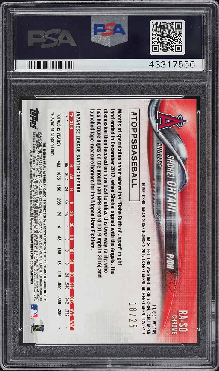 2018 Topps Chrome Orange Refractor Shohei Ohtani ROOKIE AUTO /25 PSA 10 ...