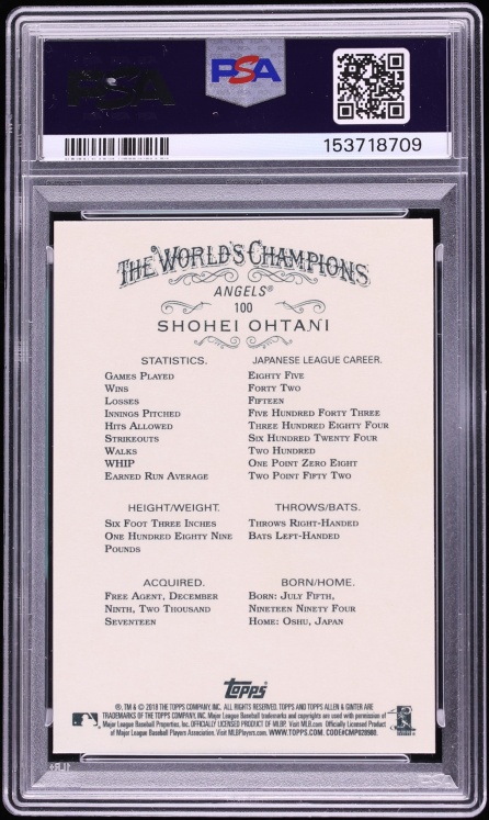 2018 Topps Allen & Ginter Shohei Ohtani ROOKIE #100 PSA 10 GEM MINT on ...