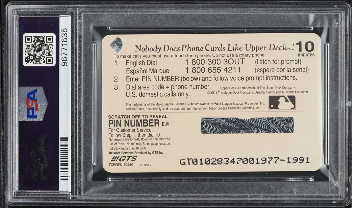 1994 Upper Deck GTS Phone Cards '53 Mickey Mantle PSA 10 GEM MINT on ...