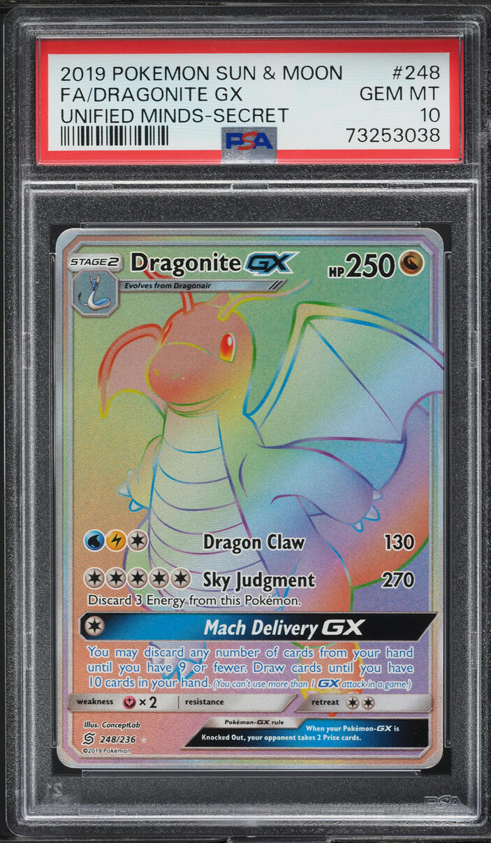 2019 Pokemon Sun & Moon Unified Minds Hyper Rare Dragonite GX #248 PSA ...