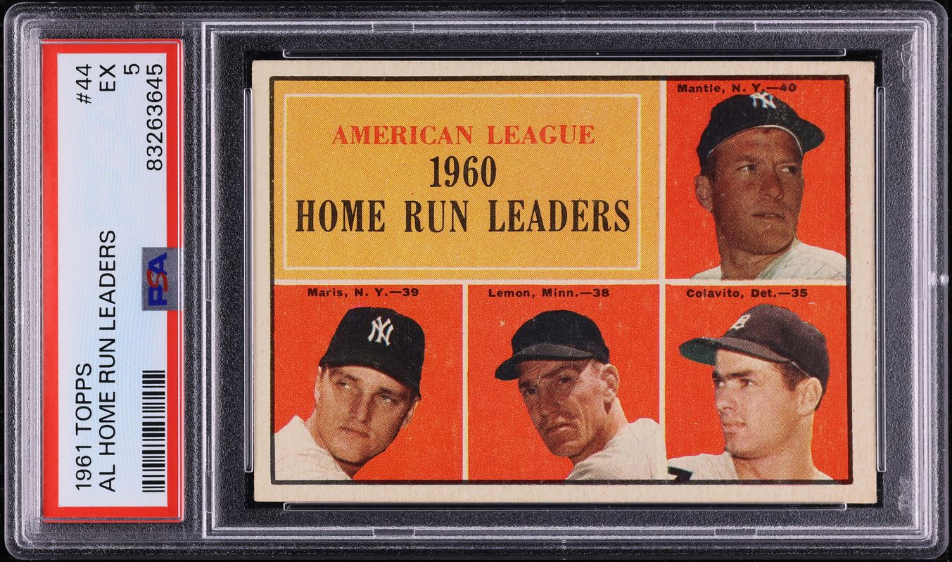 1961 Topps Mickey Mantle & Roger Maris AL HOME RUN LDRS #44 PSA 5 EX on ...
