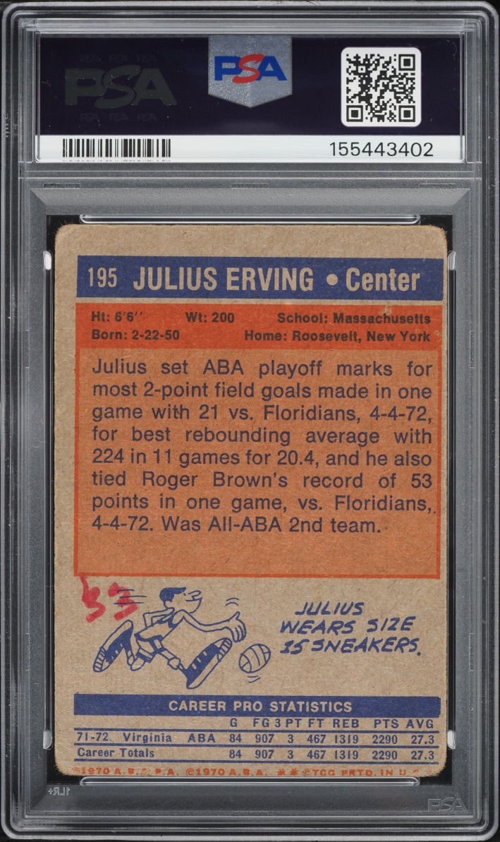 1972 Topps Basketball Julius Erving ROOKIE #195 PSA 1(mk) PR on ...