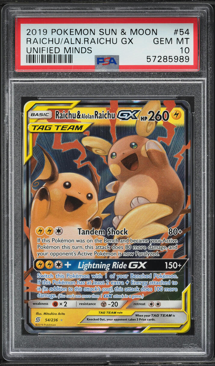 2019 Pokemon Sun & Moon Unified Minds Raichu & Alolan Raichu GX #54 PSA 10 GEM on Fanatics Collect