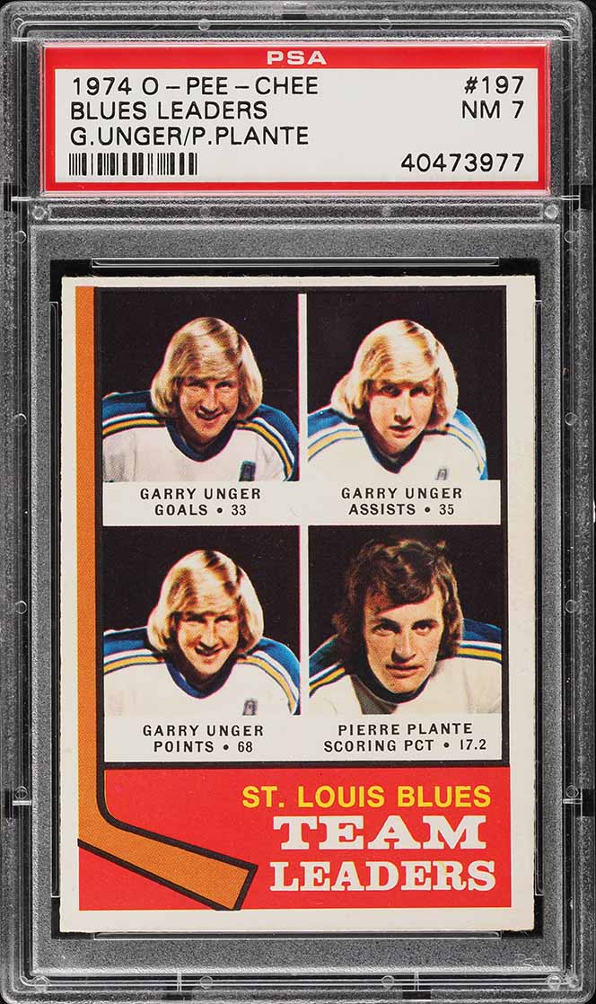 1974 O-Pee-Chee Hockey Garry Unger Pierre Plante BLUES LDRS #197 PSA 7 ...