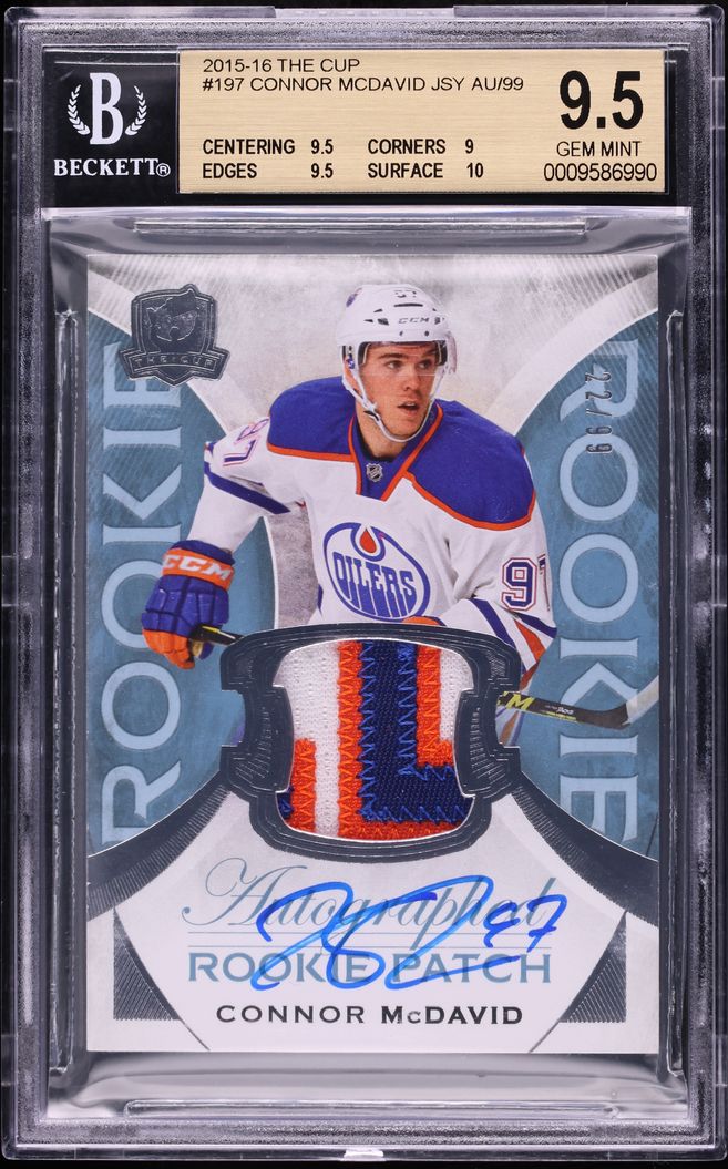 2015 Upper Deck The Cup Connor McDavid ROOKIE PATCH AUTO /99 #197 BGS 9 ...