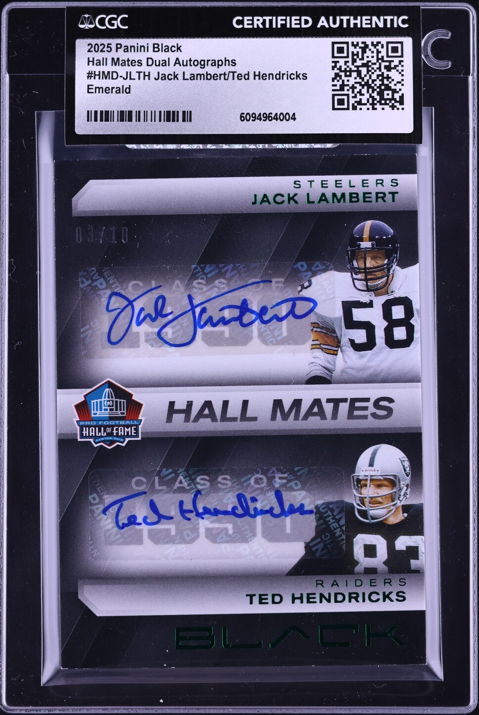 2025 Panini Black Hall Mates Emerald Jack Lambert Ted Hendricks AUTO ...