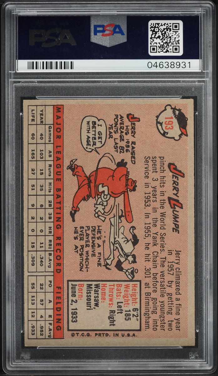 1958 Topps Jerry Lumpe #193 PSA 9 MINT on Fanatics Collect