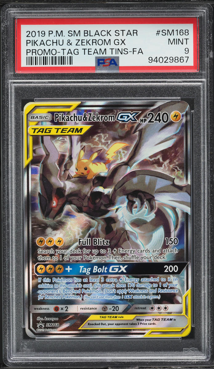 2019 Pokemon SM Black Star Promo Tag Team Tins Pikachu & Zekrom GX #168 PSA 9 on Fanatics Collect