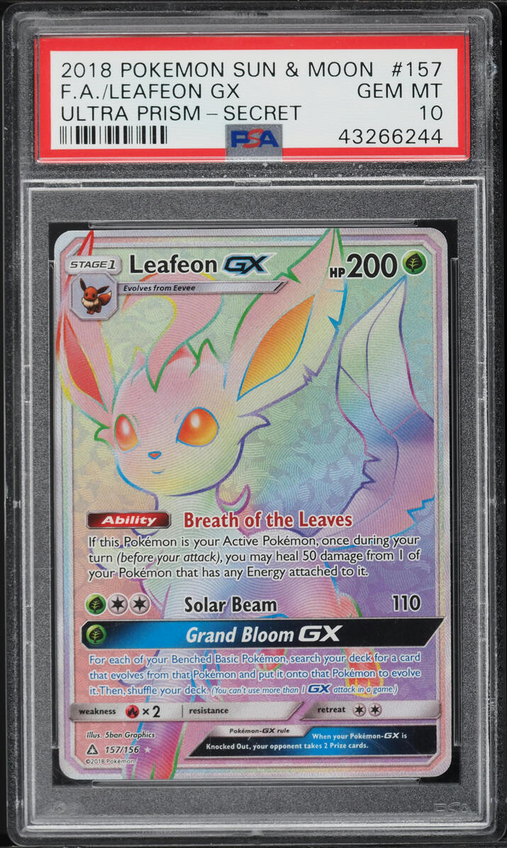 2018 Pokemon Sun & Moon Ultra Prism Hyper Rare Leafeon GX #157 PSA 10 ...