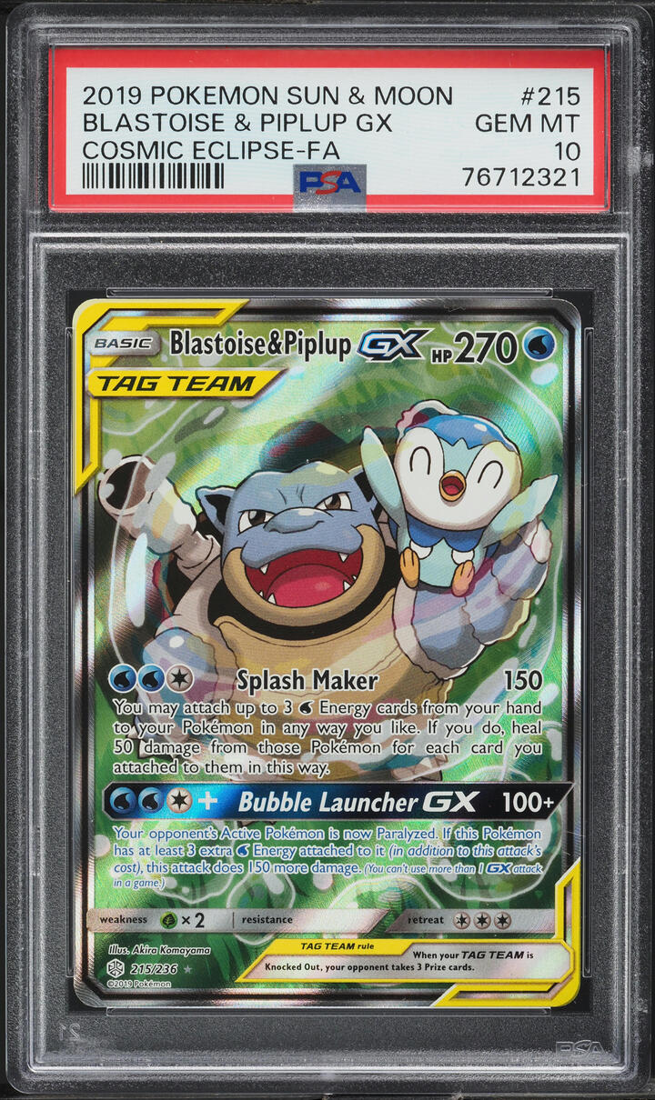 2019 Pokemon SM Cosmic Eclipse Full Art Blastoise & Piplup GX #215 PSA ...