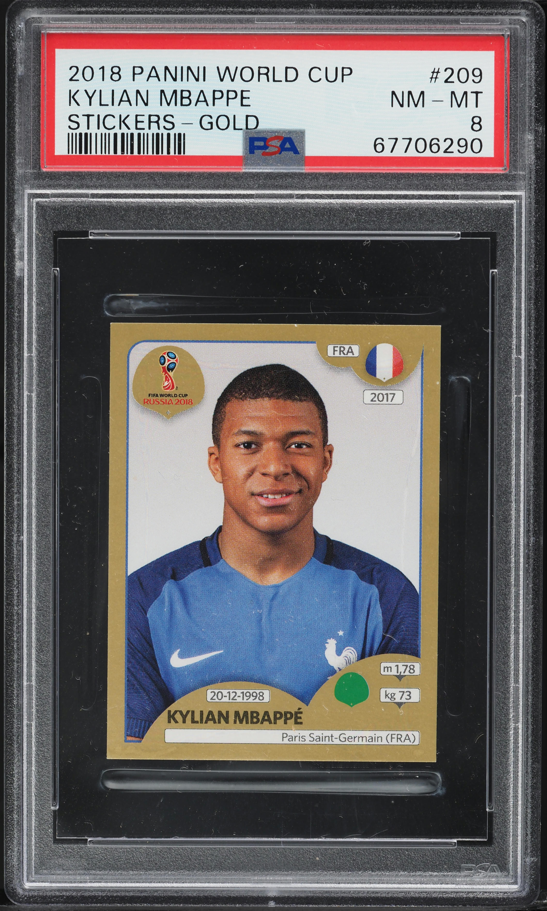 2018 Panini World Cup Stickers Gold Kylian Mbappe ROOKIE #209 PSA 8 NM ...