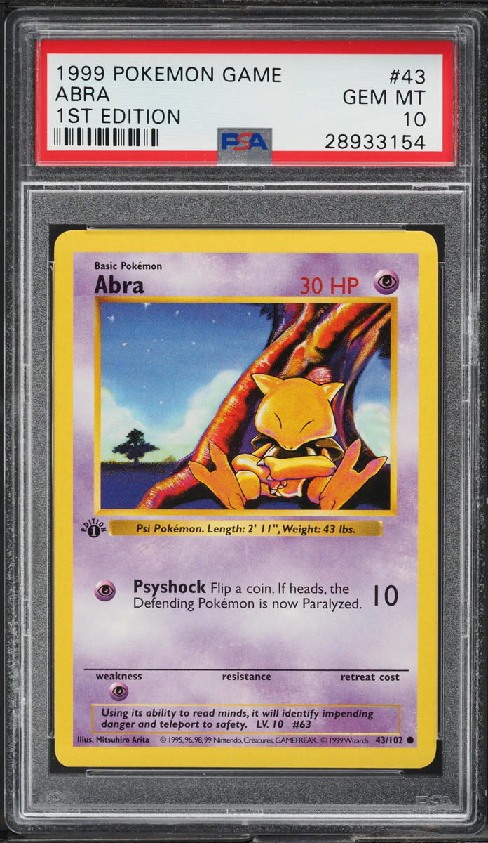 1999 Pokemon Base Set Shadowless 1st Edition Abra #43 PSA 10 GEM MINT ...