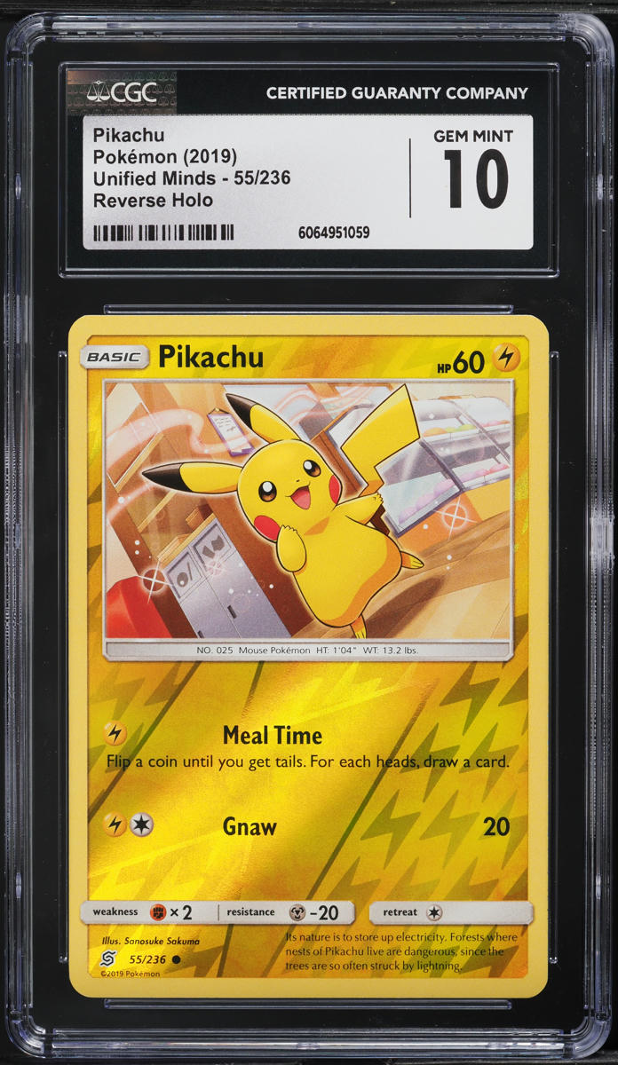 2019 Pokemon Sun & Moon Unified Minds Reverse Holo Pikachu #55 CGC 10 ...