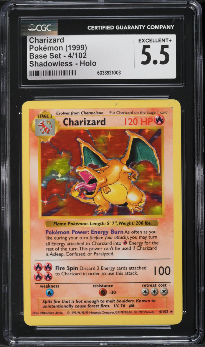 1999 Pokemon Base Set Shadowless Holo Charizard #4 CGC 5.5 EX+ on ...