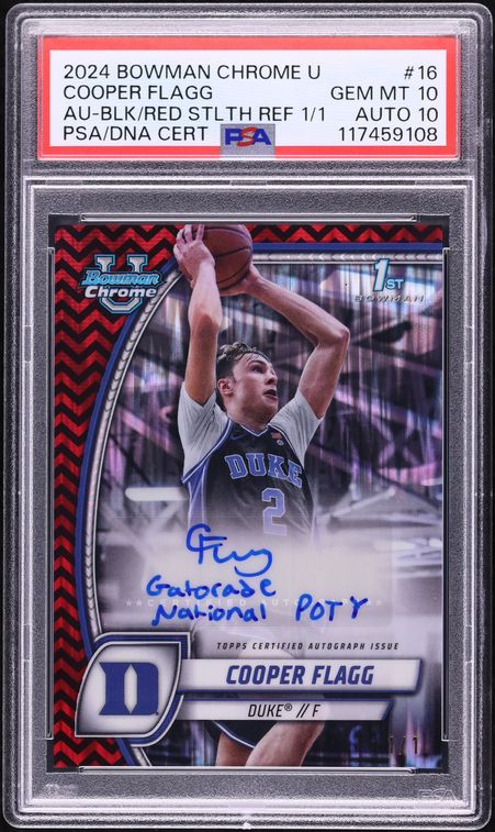 2024 Bowman Chrome U Red Stealth Ref. Cooper Flagg ROOKIE AUTO DNA 10 1 ...