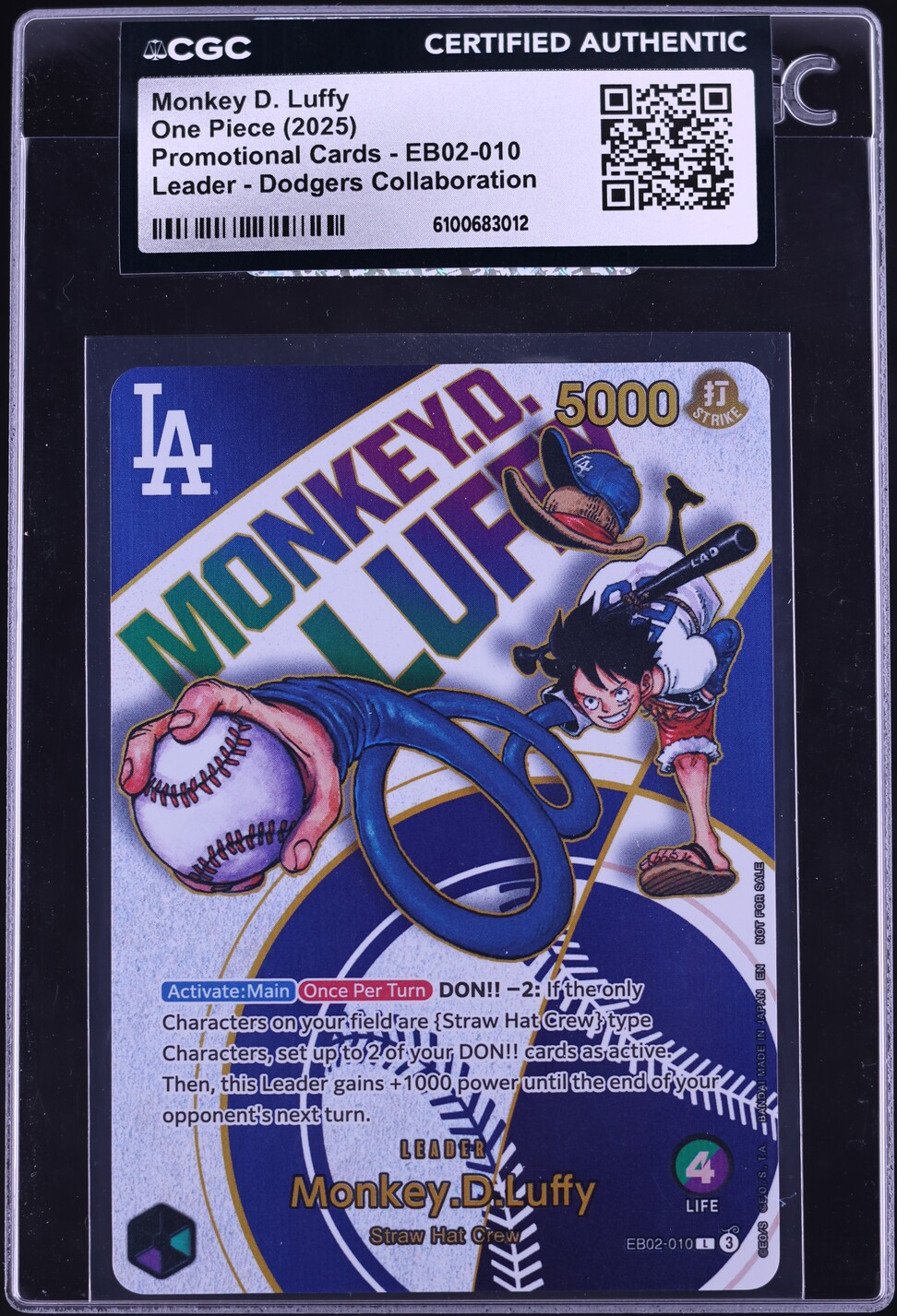 2025 One Piece Promo Dodgers X Night Alt Art Leader Monkey D. Luffy #EB02-010 CGC AUTH on ...