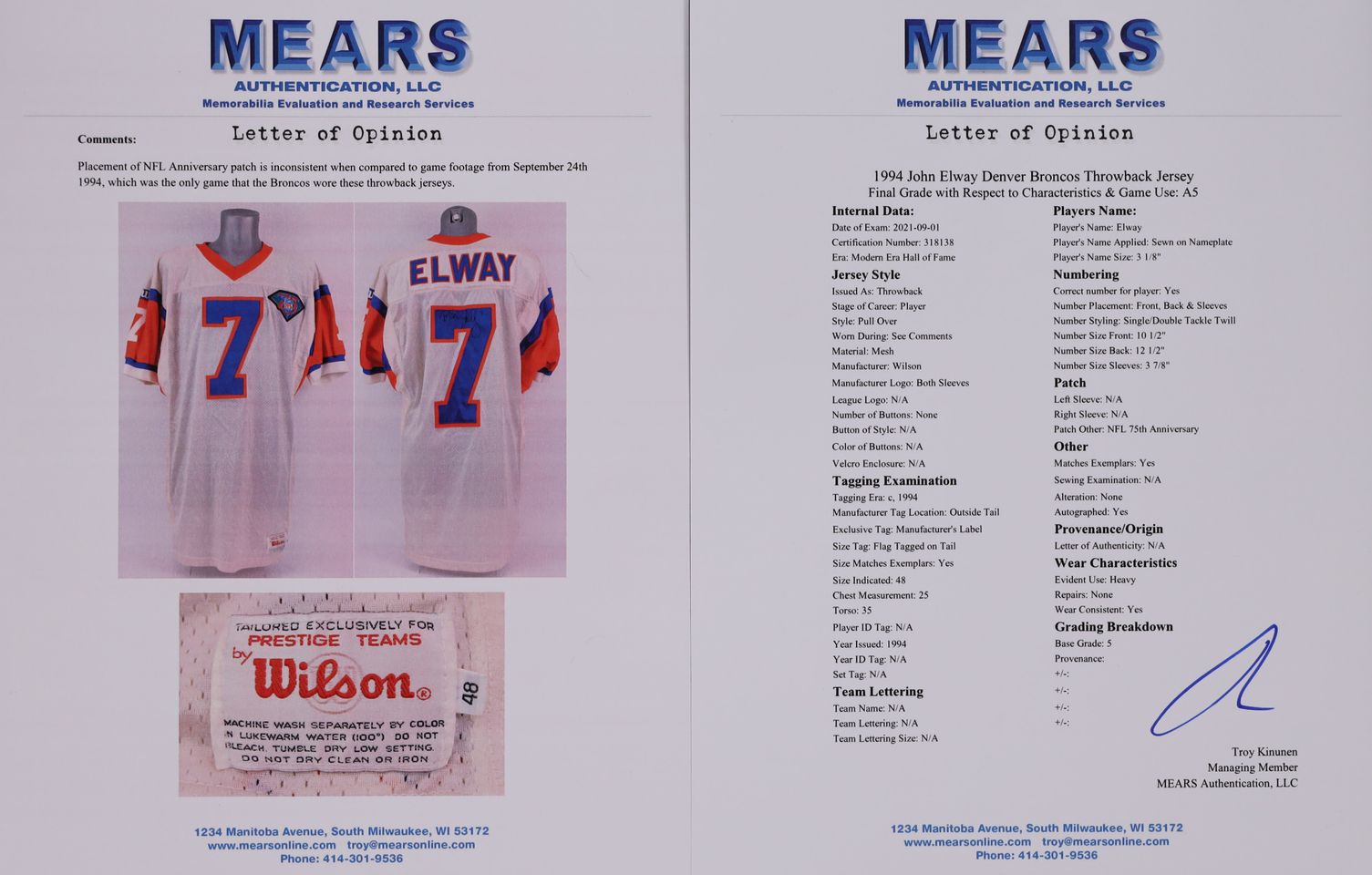1994 John Elway Signed Autographed Game Used Denver Broncos Jersey ...