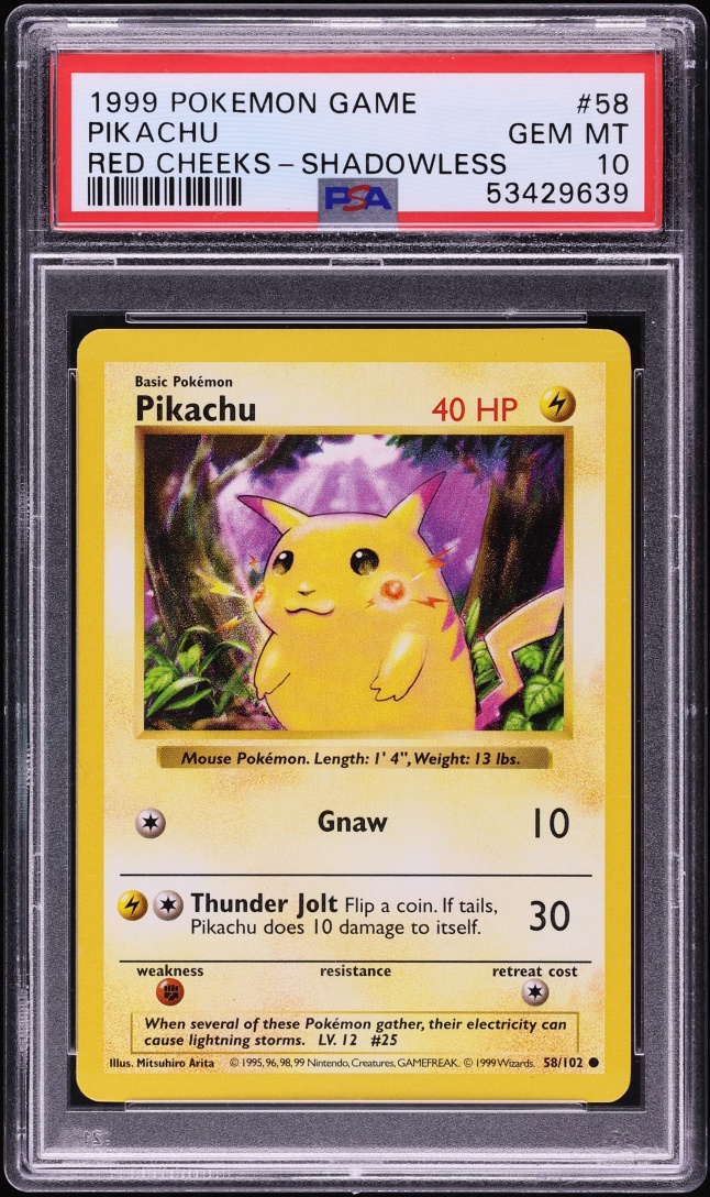 1999 Pokemon Base Set Shadowless Red Cheeks Pikachu #58 PSA 10 GEM MINT ...