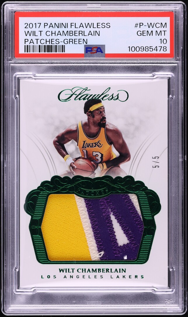 2017 Panini Flawless Green Wilt Chamberlain PATCH 5/5 #P-WCM PSA 10 GEM ...