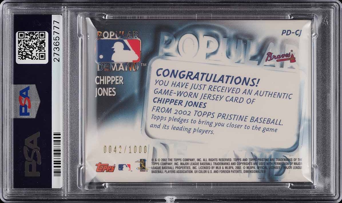 2002 Topps Pristine Popular Demand Chipper Jones PATCH /1000 #PD-CJ PSA 10 GEM on Fanatics Collect
