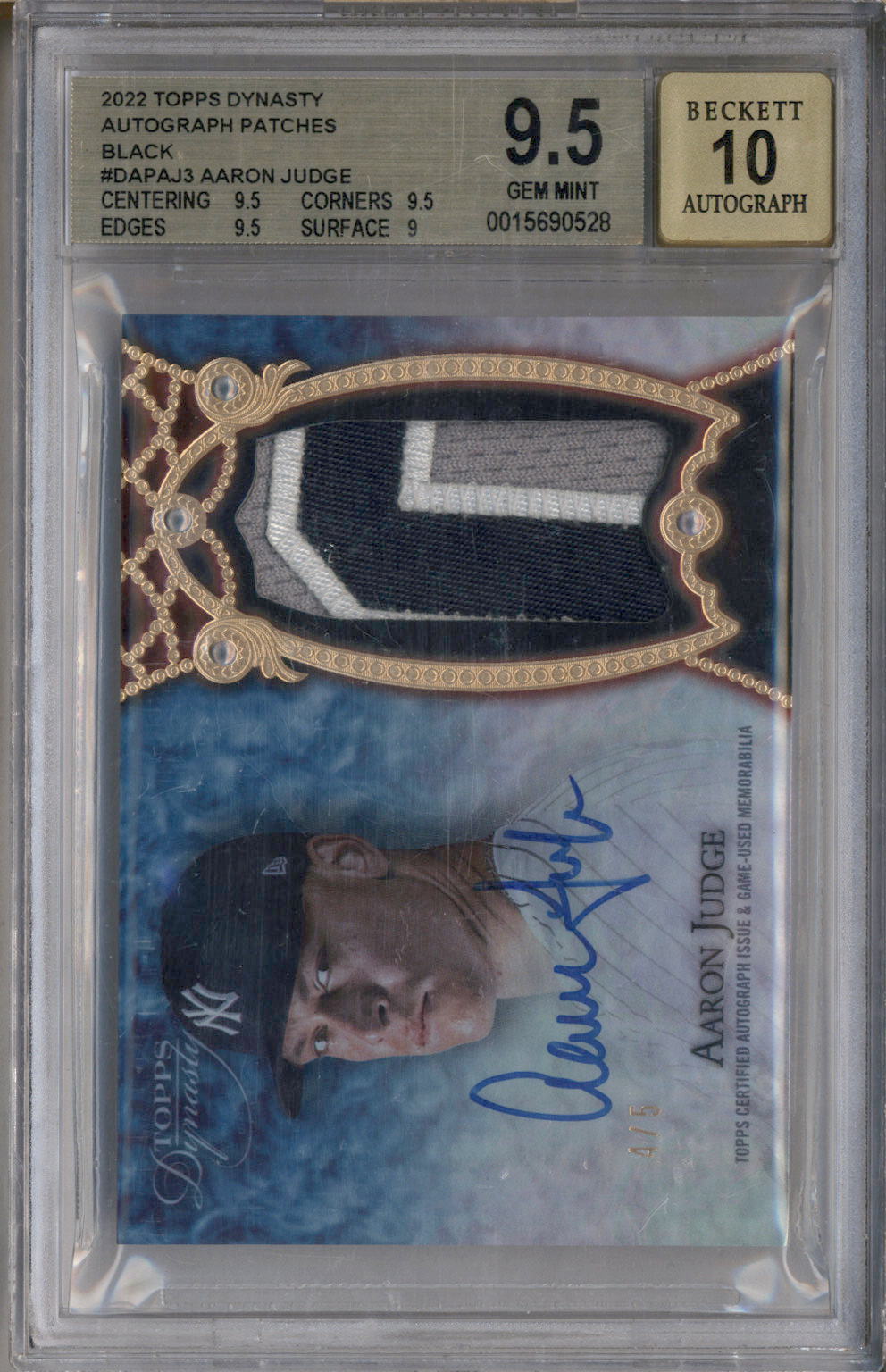 2022 Topps Dynasty Autograph Patch Black Aaron Judge Auto /5 BGS 9.5 on ...