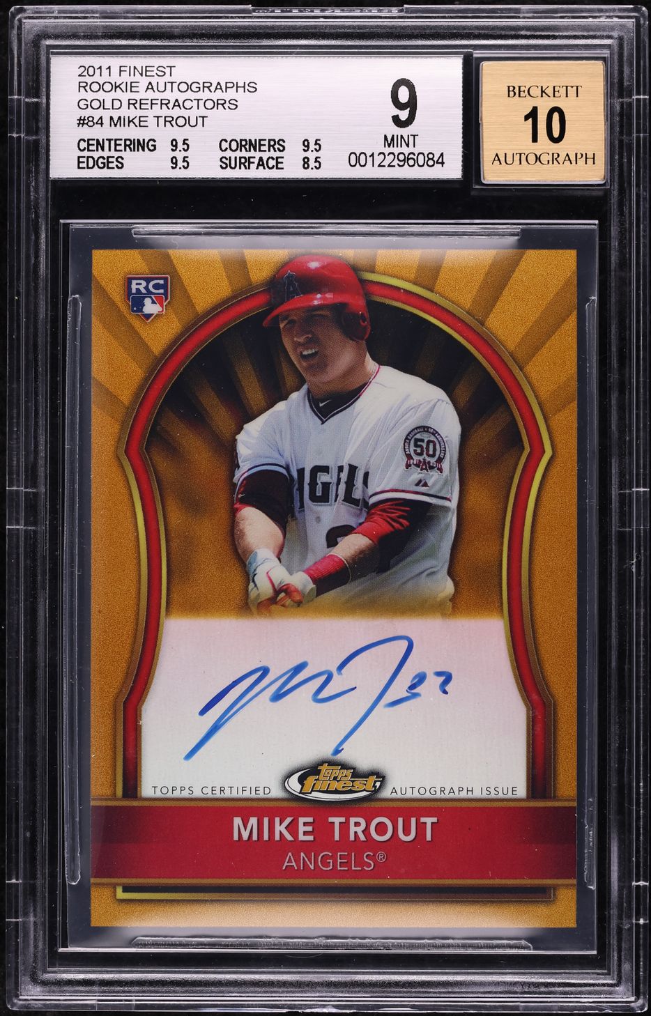 2011 Finest Gold Refractor Mike Trout ROOKIE AUTO /75 #84 BGS 9 MINT on ...