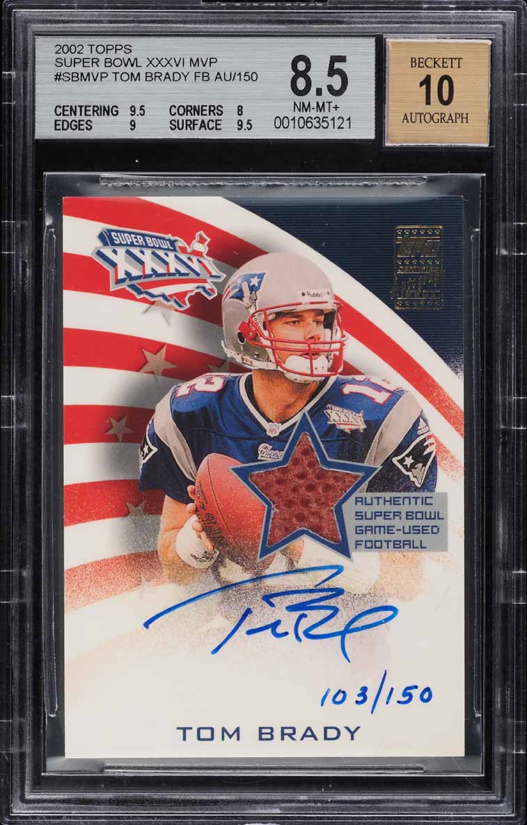 2002 Topps Super Bowl XXXVI MVP Tom Brady PATCH AUTO /150 #SBMVP BGS 8.5 NM-MT+ on Fanatics Collect