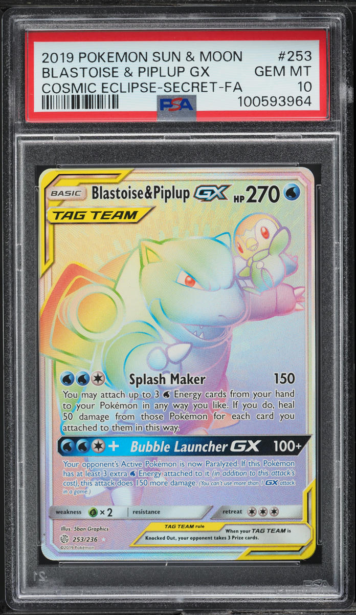 2019 Pokemon SM Cosmic Eclipse Hyper Rare Blastoise & Piplup GX #253 PSA 10 GEM on Fanatics Collect