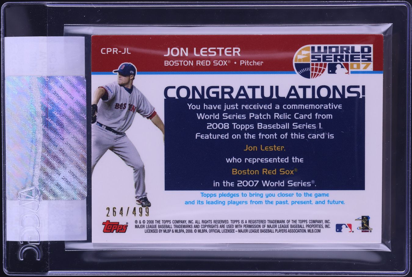 2008 Topps World Series Patch Jon Lester PATCH /499 #CPR-JL CGC AUTH on ...