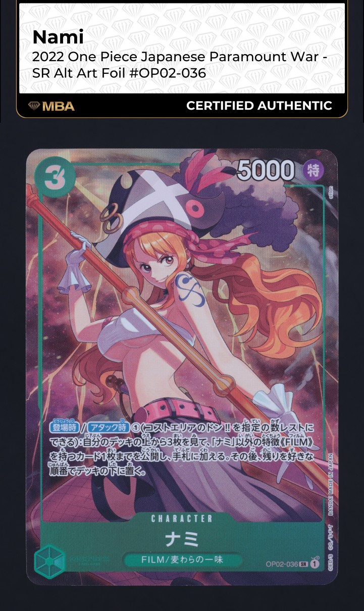 2022 One Piece Japanese Paramount War SR Alt Art Foil Nami #OP02-036 MBA AUTH on Fanatics Collect