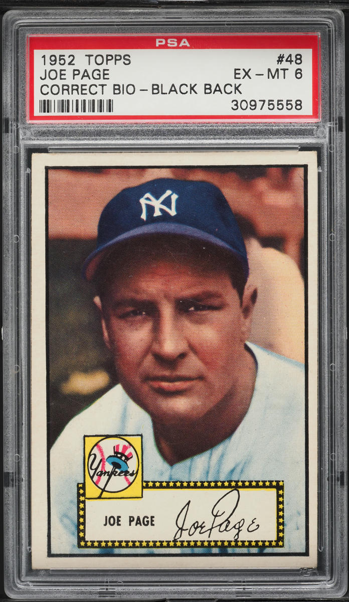 1952 Topps Joe Page CORRECT BIO, BLACK BACK #48 PSA 6 EXMT on Fanatics ...
