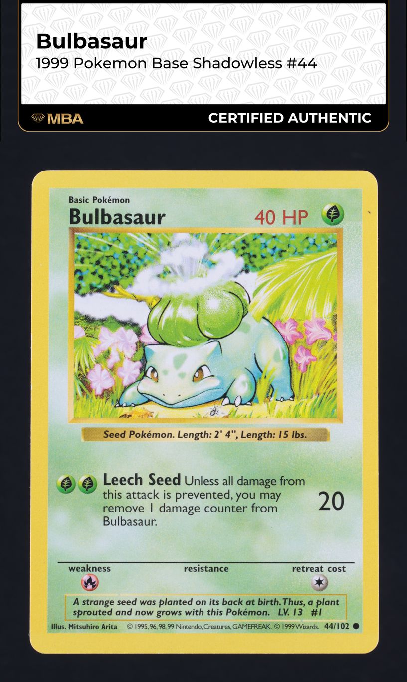 1999 Pokemon Base Set Shadowless Bulbasaur #44 MBA AUTH on Fanatics Collect