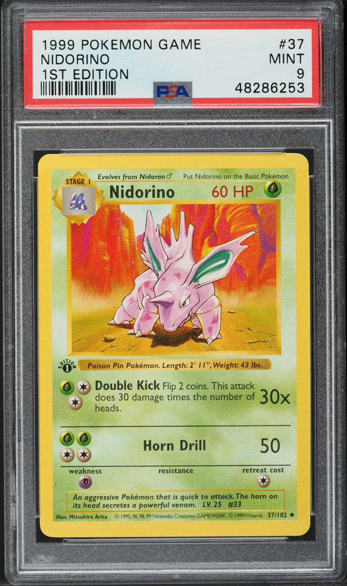 1999 Pokemon Base Set Shadowless 1st Edition Nidorino #37 PSA 9 MINT on Fanatics Collect