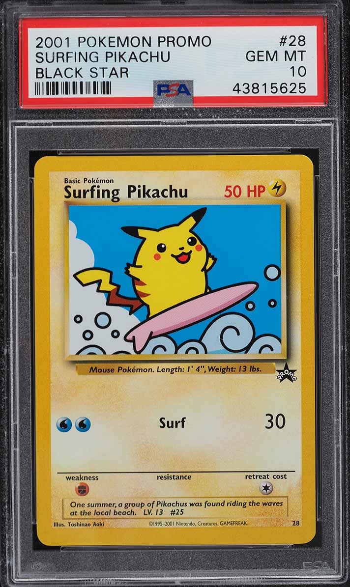 2001 Pokemon Black Star Promo Surfing Pikachu #28 PSA 10 GEM MINT ...