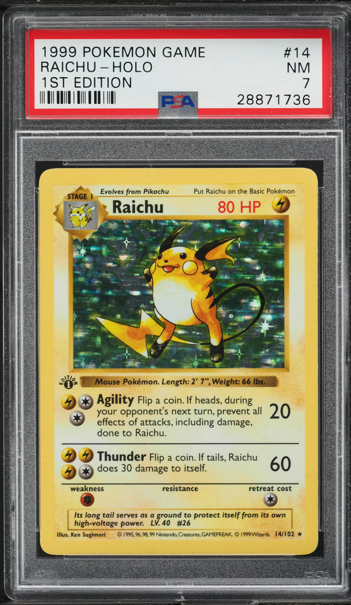 1999 Pokemon Base Set Shadowless 1st Edition Holo Raichu #14 PSA 7 NRMT ...