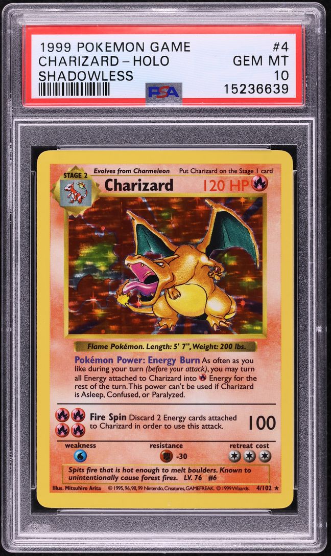 1999 Pokemon Base Set Shadowless Holo Charizard #4 PSA 10 GEM MINT on Fanatics Collect