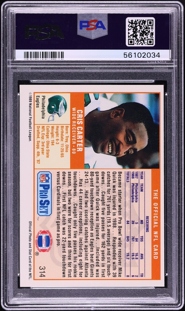 1989 Pro Set Football Cris Carter ROOKIE #314 PSA 9 MINT on Fanatics ...