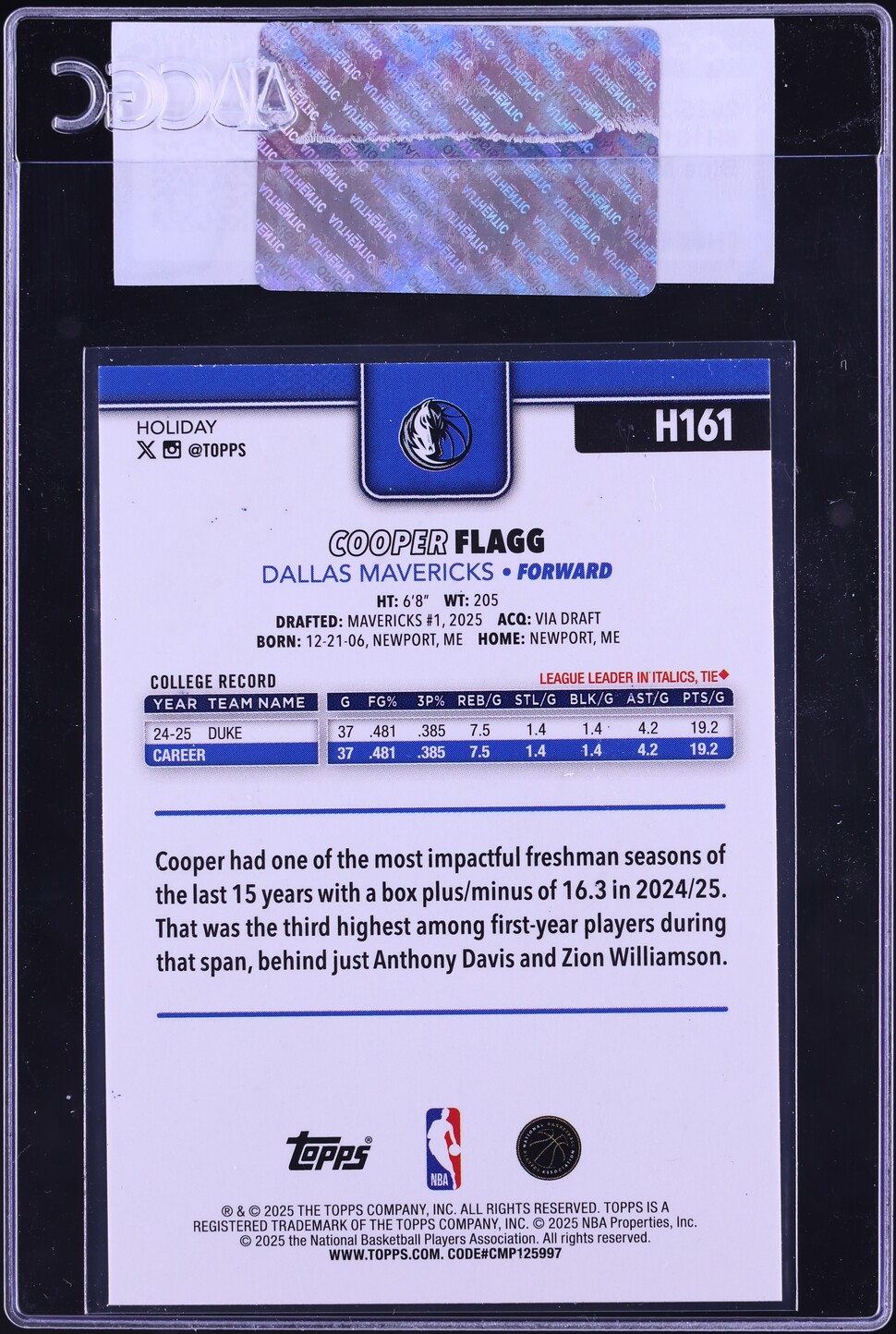 2025 Topps Holiday Blue Metallic Glitter Cooper Flagg ROOKIE #H161 CGC ...