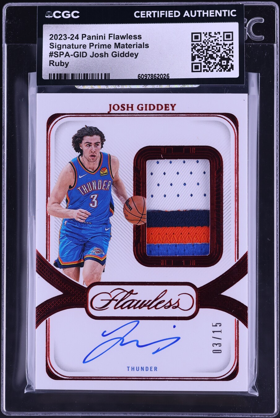2023 Panini Flawless Prime Ruby Josh Giddey PATCH AUTO /15 #SPA-GID CGC ...