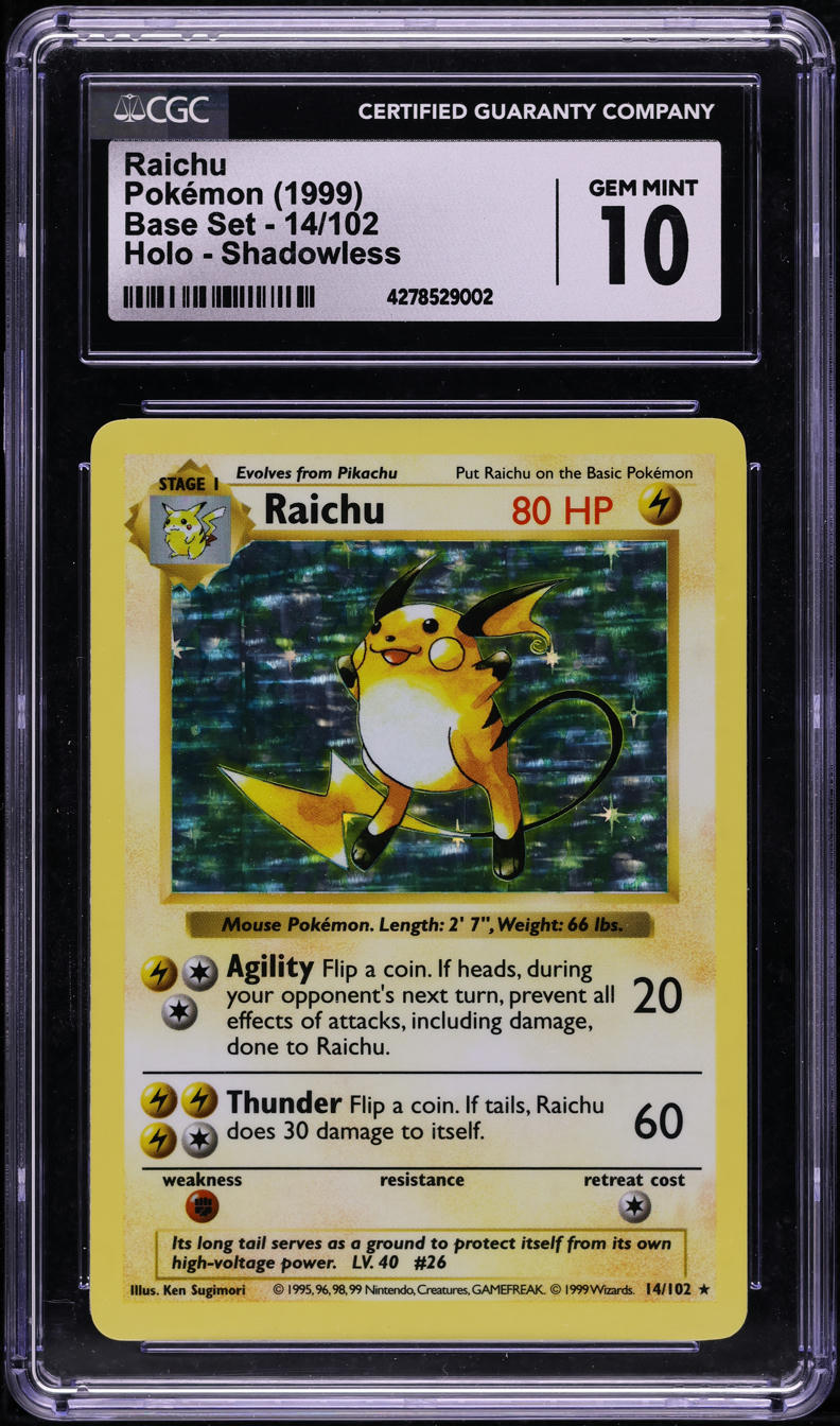 1999 Pokemon Base Set Shadowless Holo Raichu #14 CGC 10 GEM MINT on ...